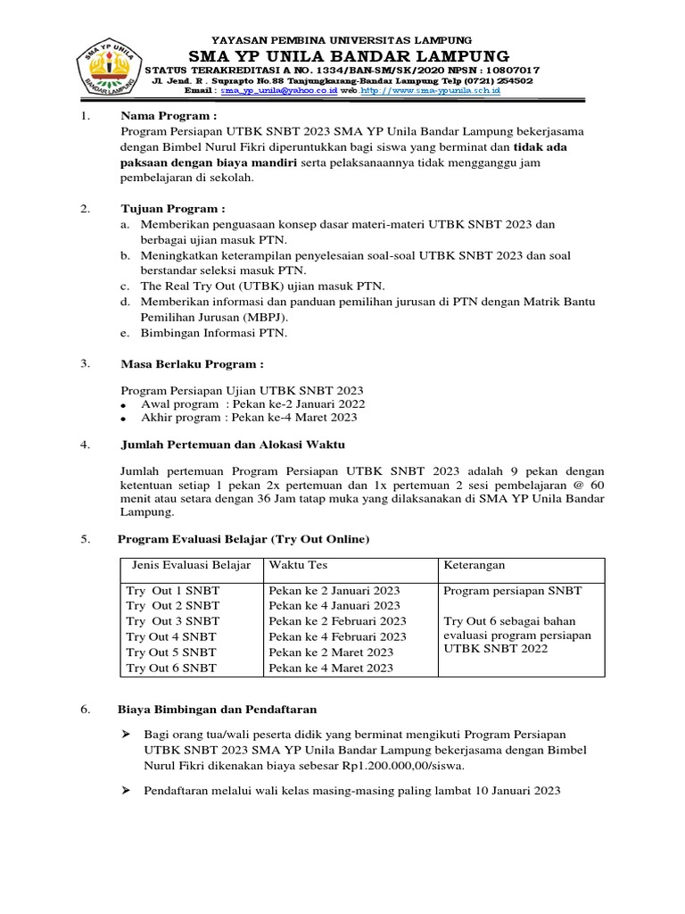 Program UTBK SNBT 2023 YP Unila SMT 2 | PDF