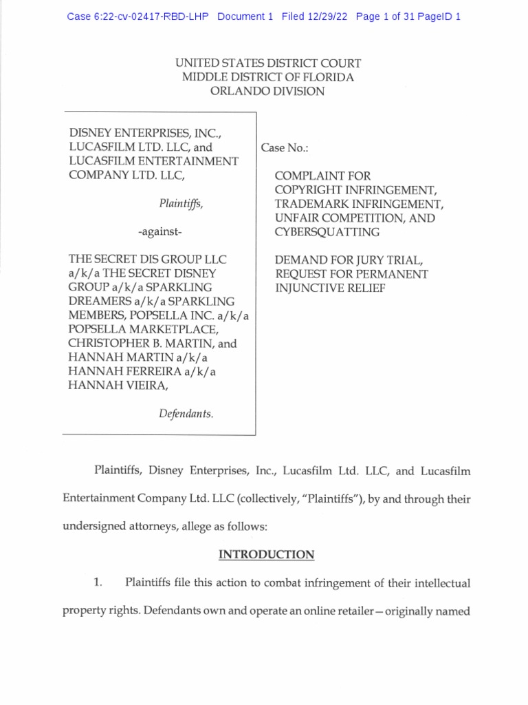 Disney Infringement Lawsuit | PDF