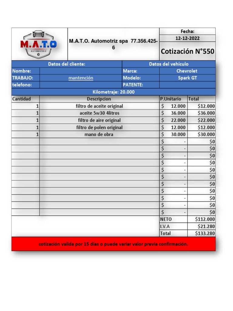 Cotización Mantención Chevrolet Spark GT | PDF | Bienes manufacturados ...