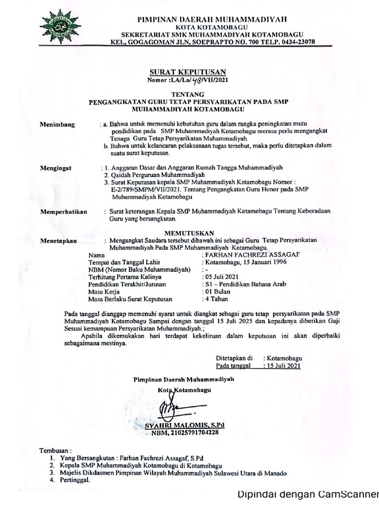 Berkas Syarat Pengajuan NUPTK SK Pengangkatan An Farhan F Assagaf | PDF