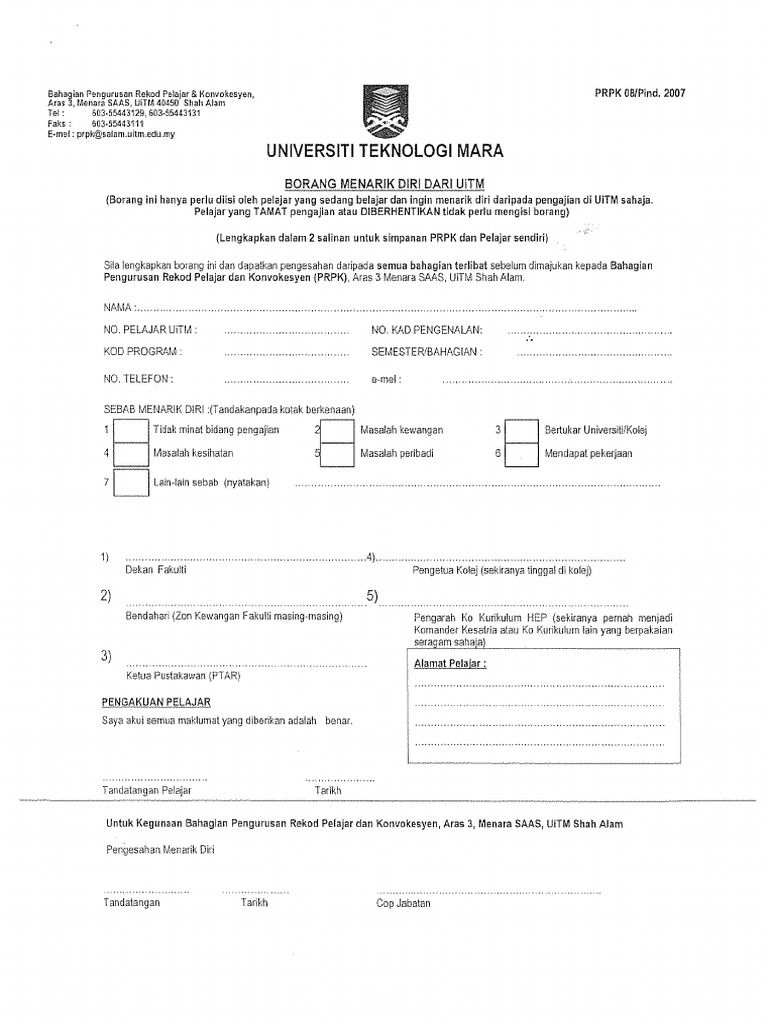 Borang Menarik Diri Dari UiTM | PDF