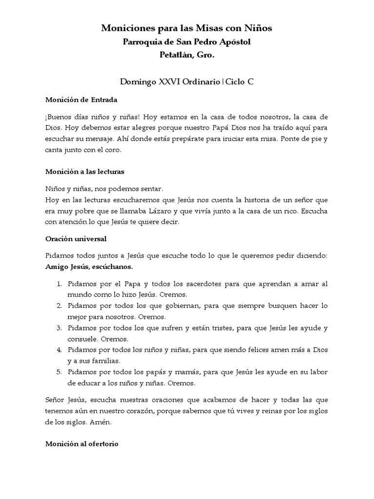 Moniciones para Las Misas Con Niños II | PDF | Misa (liturgia) | eucaristía