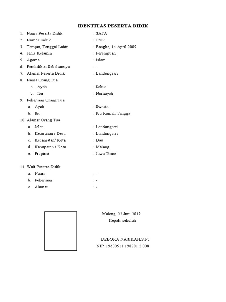 Identitas Peserta Didik | PDF