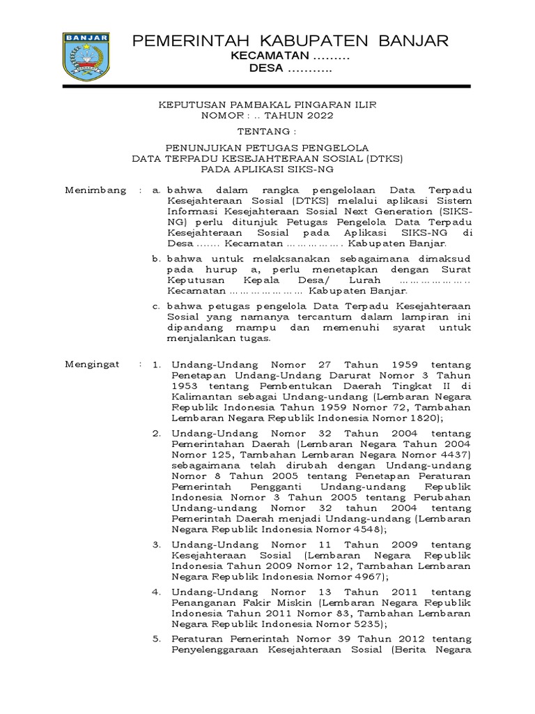 Contoh SK OPERATOR SIKS-NG (Desa Kel) | PDF