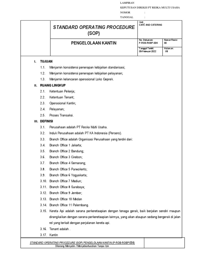 Draft SOP KANTIN | PDF