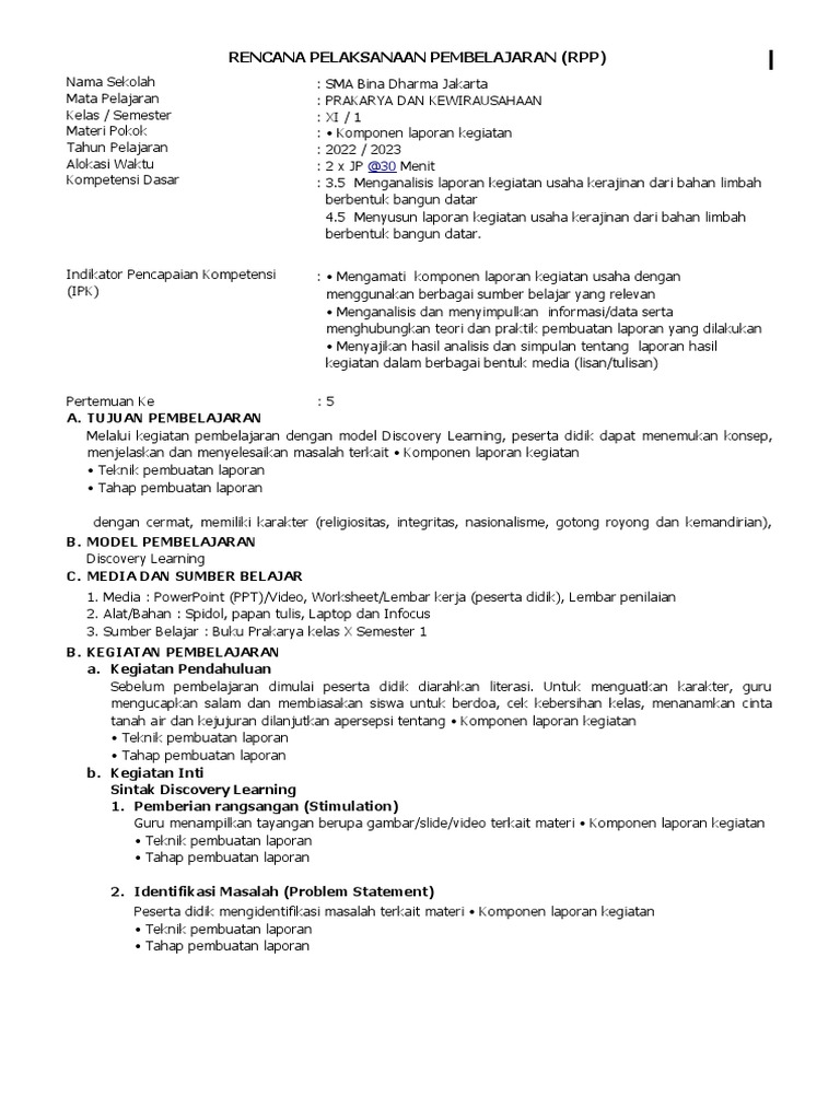 RPP KLS XI Prakarya 05 | PDF