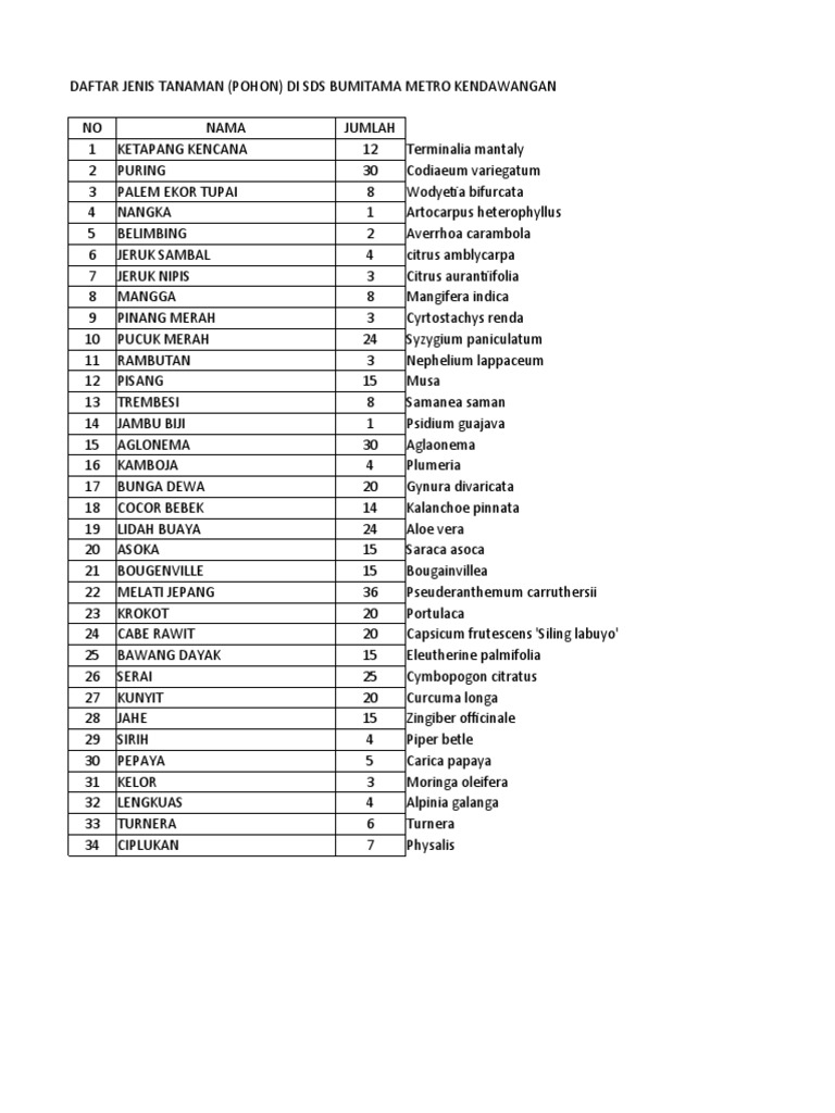 Daftar Tanaman di SDS Bumitama | PDF