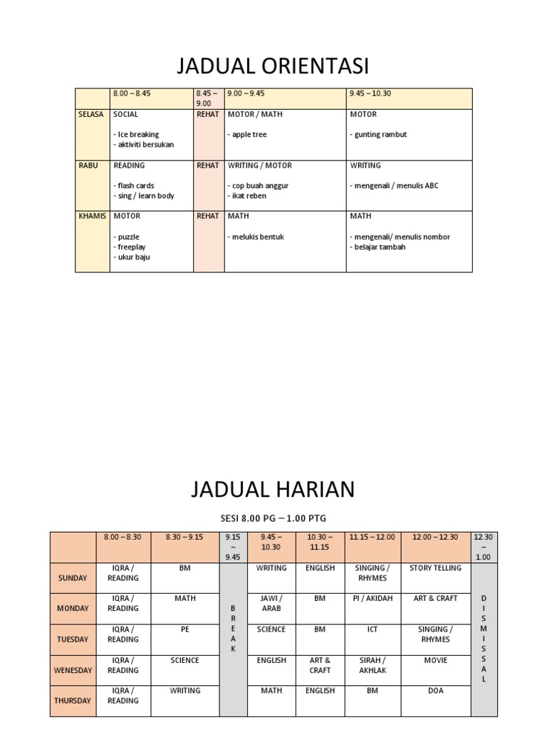 Jadual Waktu Tadika | PDF