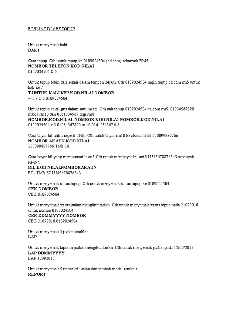 FORMAT UNTUK PENGGUNAAN SISTEM TOPUP DAN PEMBAYARAN BIL | PDF