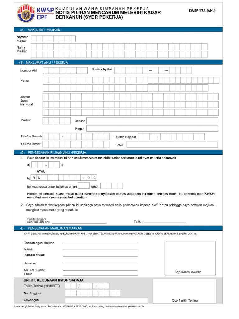 Kwsp17a Ahl Notis Pilihan Mencarum Melebihi Kadar Berkanun Syer Pekerja 01012017 | PDF