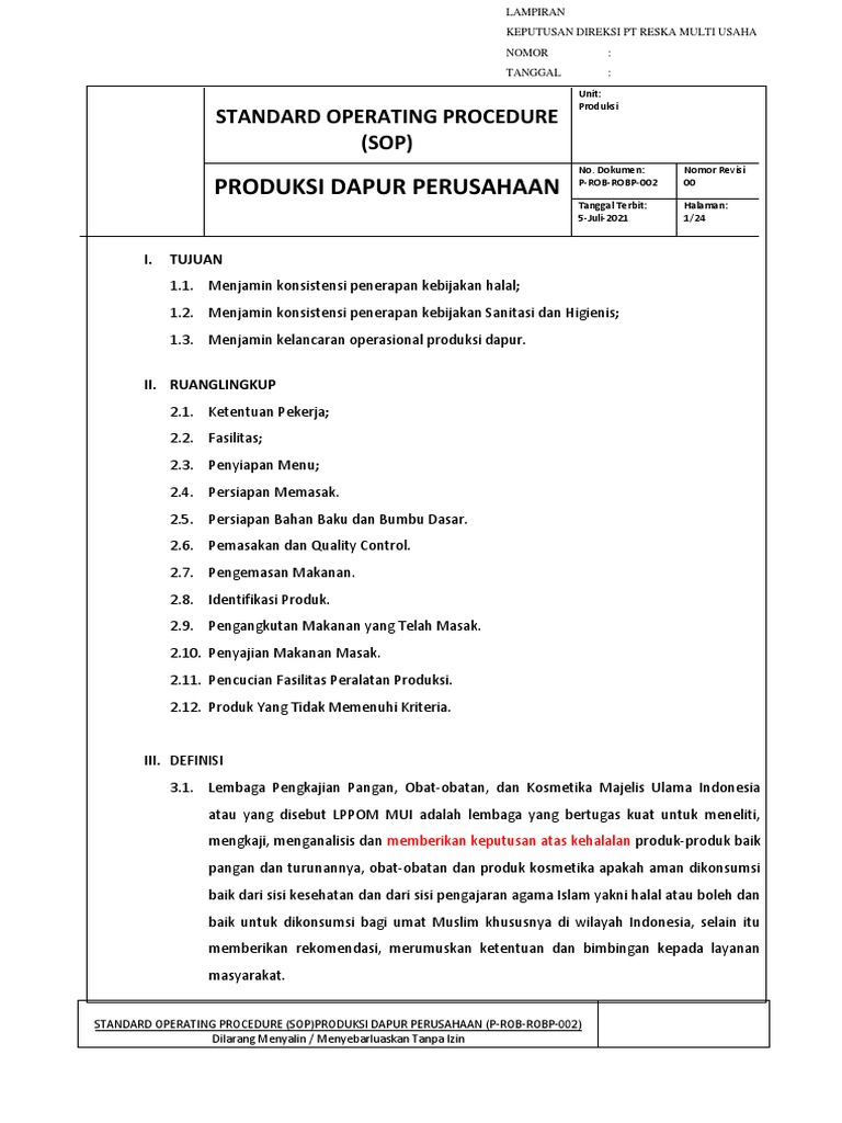 SOP Produksi Dapur Perusahaan | PDF | Bisnis | Teknologi & Rekayasa