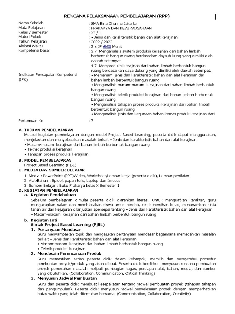 RPP KLS XI Prakarya 07 | PDF | Karier & Perkembangan | Seni