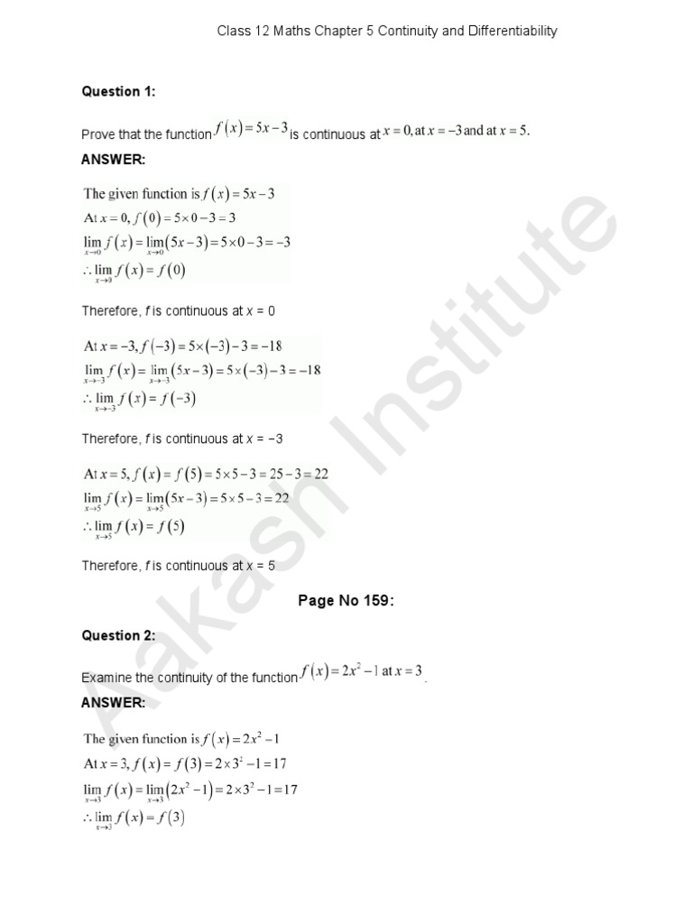 Class 12 Maths Chapter 5 Continuity and Differentiability | PDF ...