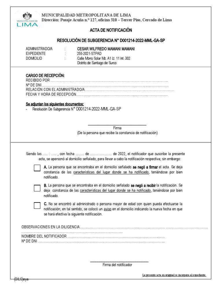 Acta de Notificacion | PDF Acta de Notificacion | PDF