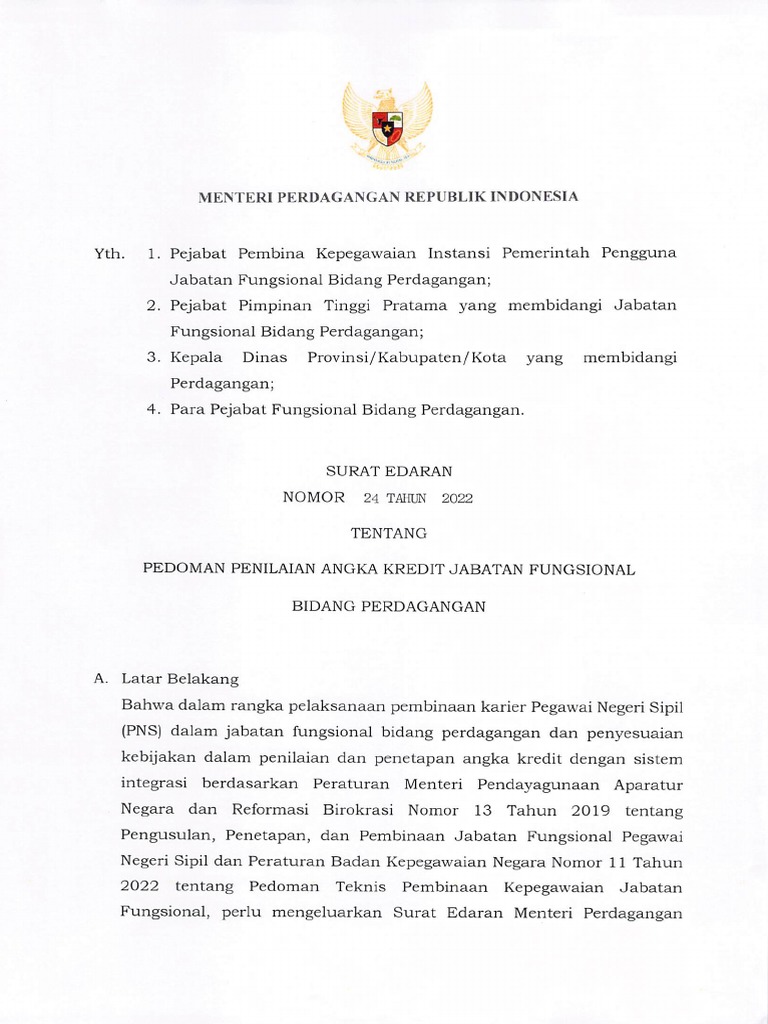 Surat Edaran No 24 Tahun 2022 - Pedoman Penilaian Angka Kredit Jabatan Fungsional | PDF