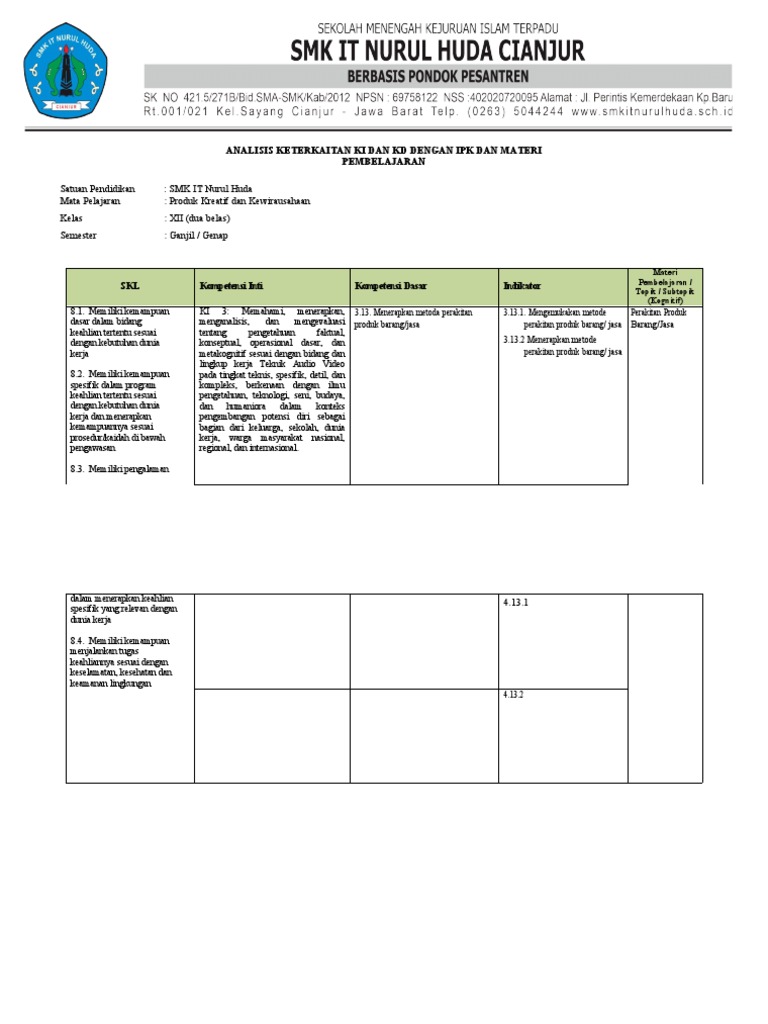 Analisis SKL Ki Dan KD Ipk PKK Kelas Xii Up PDF Free | PDF