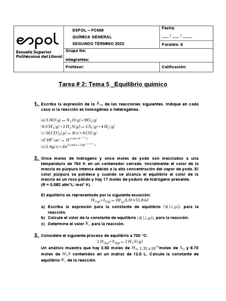 Tarea - Tema 5 - EQ | PDF | Equilibrio químico | Amoníaco