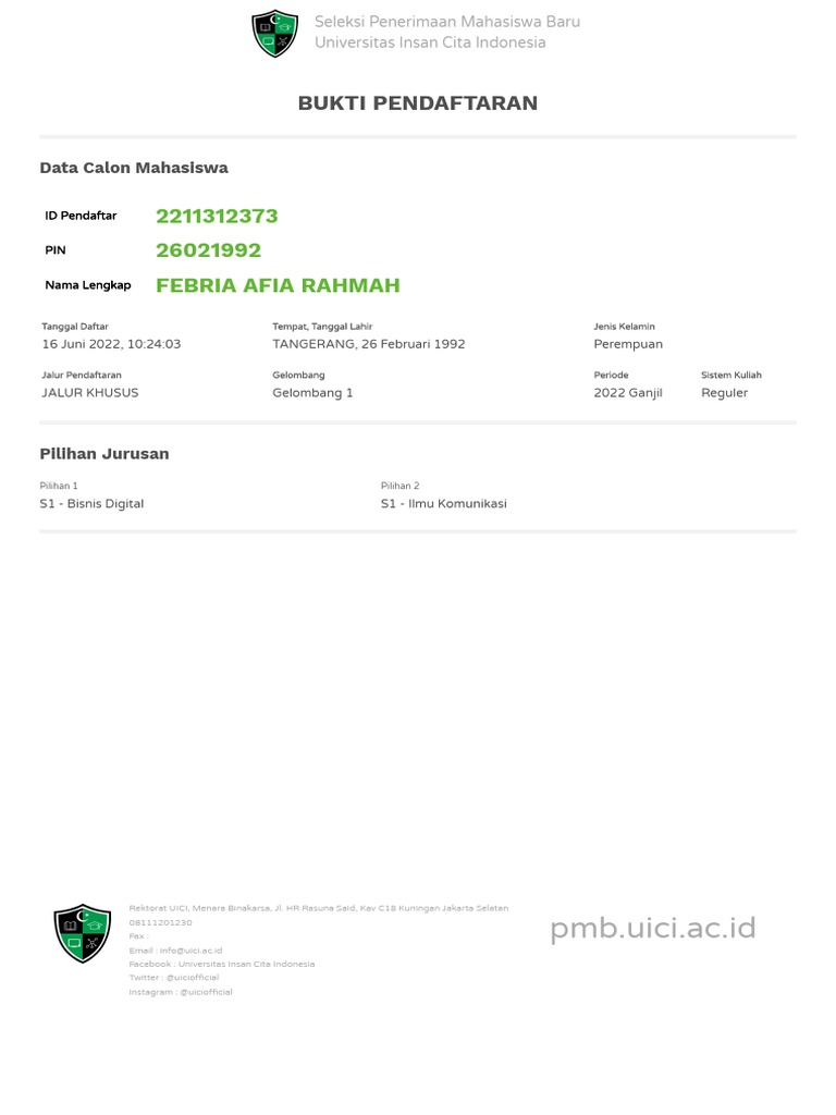 Universitas Insan Cita Indonesia - Seleksi Penerimaan Mahasiswa Baru - Bukti Pendaftaran | PDF