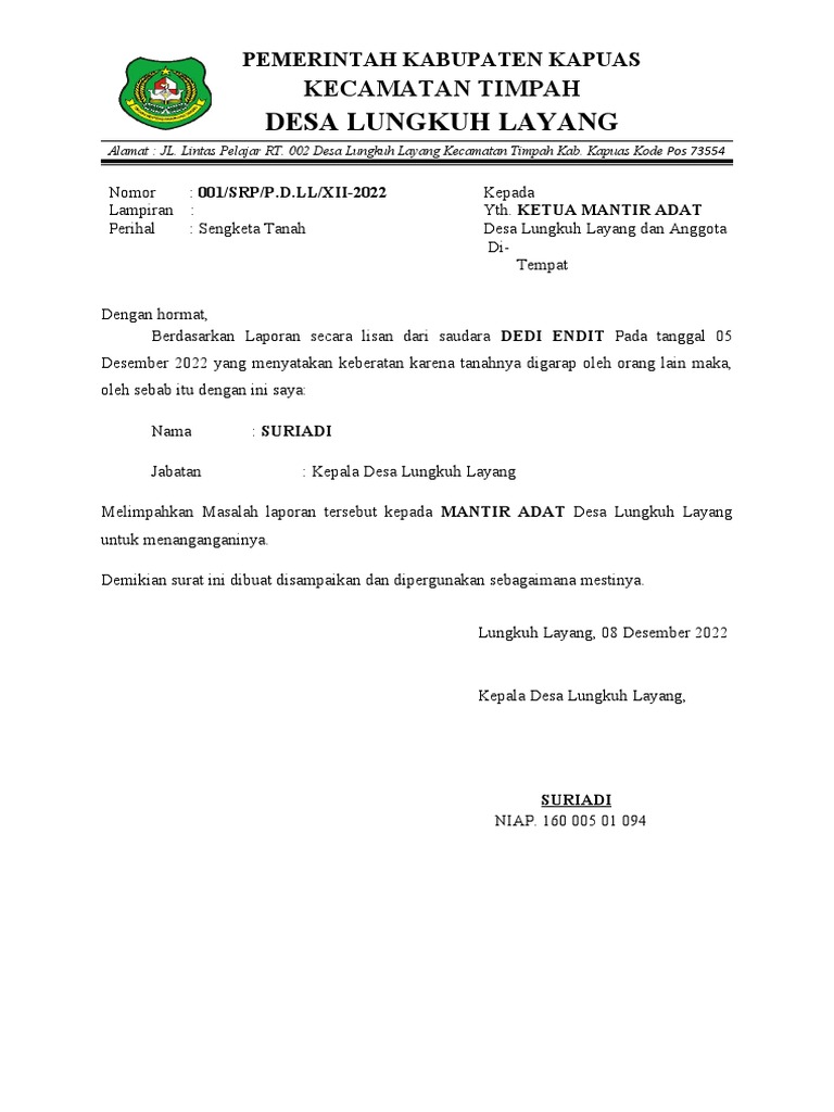 Surat Pelimpahan Permasalahan Sengeketa Tanah Ke Mantir Adat | PDF