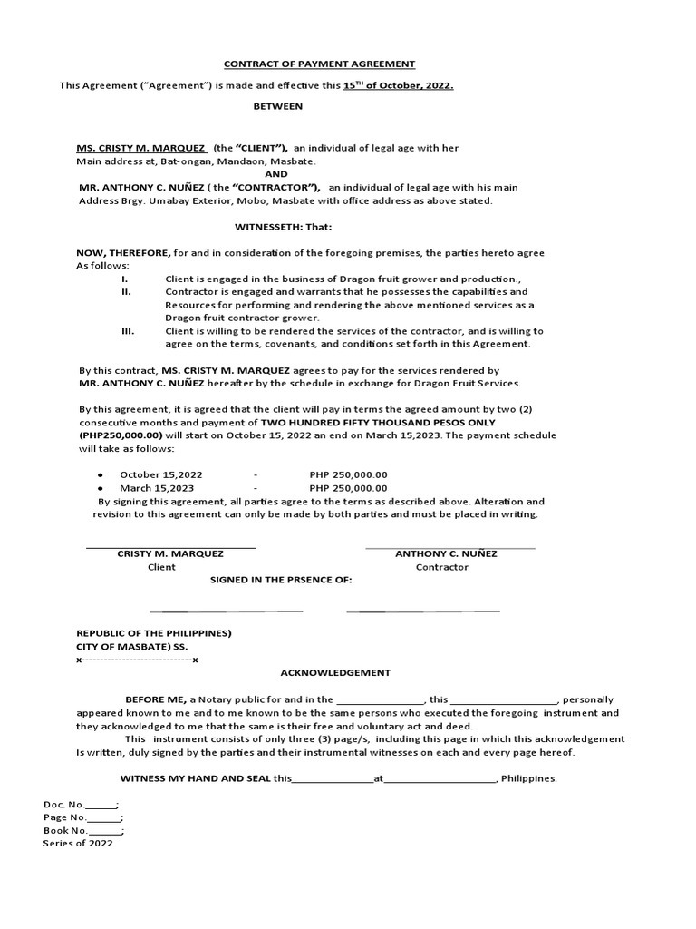 Contract of Payment Agreement | PDF | Business Law | Civil Law (Common Law)