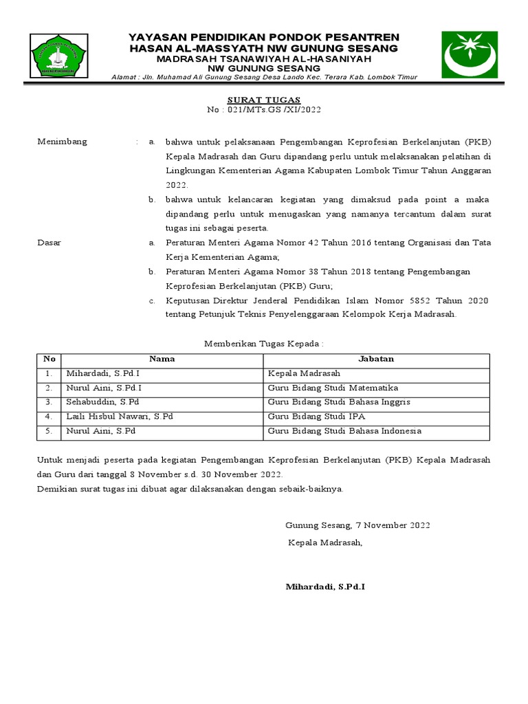 Surat Tugas PKB Dan MGMP | PDF