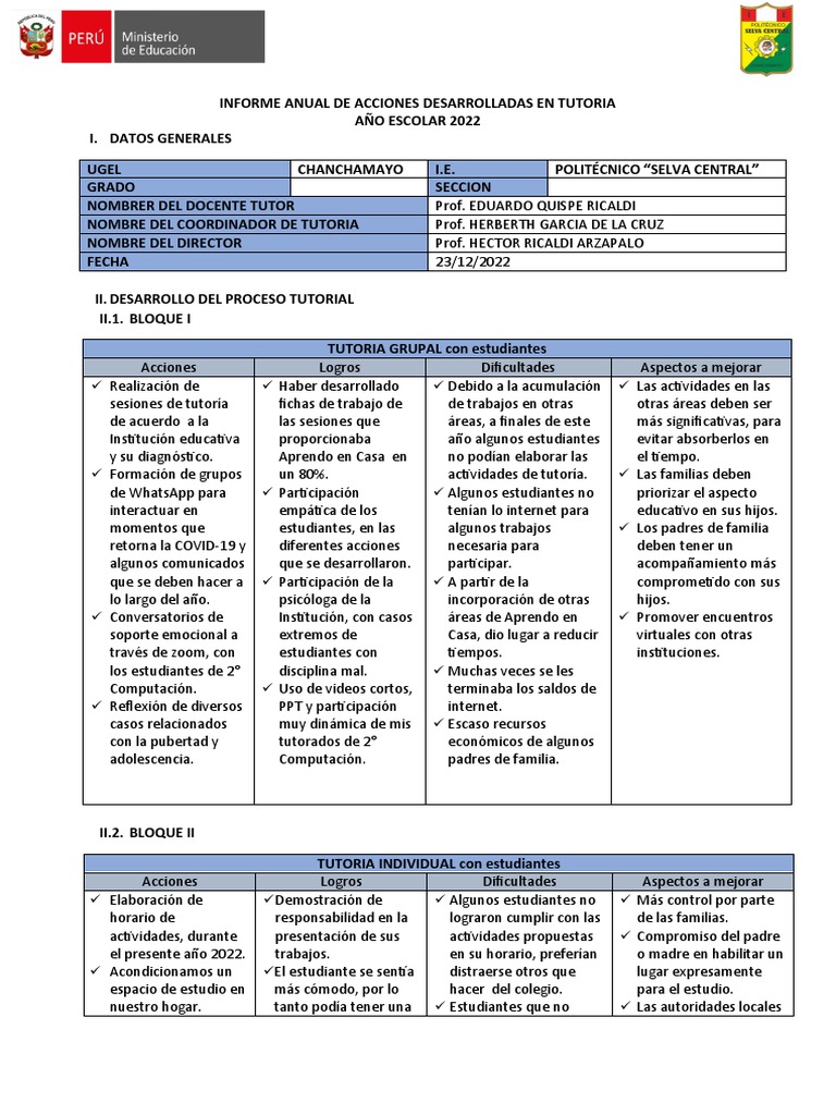 Formato Informe de Tutoria - 2022 | PDF