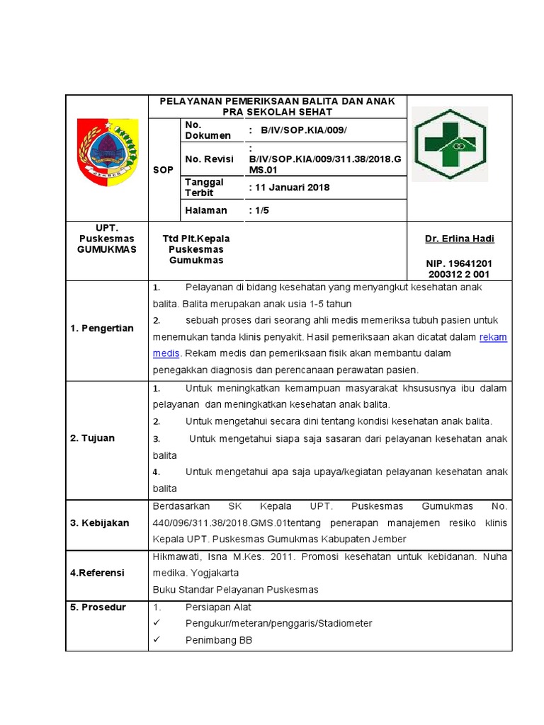 Sop Pelayanan Pemeriksaan Balita Dan Anak Pra Sekolah Sehat | PDF ...
