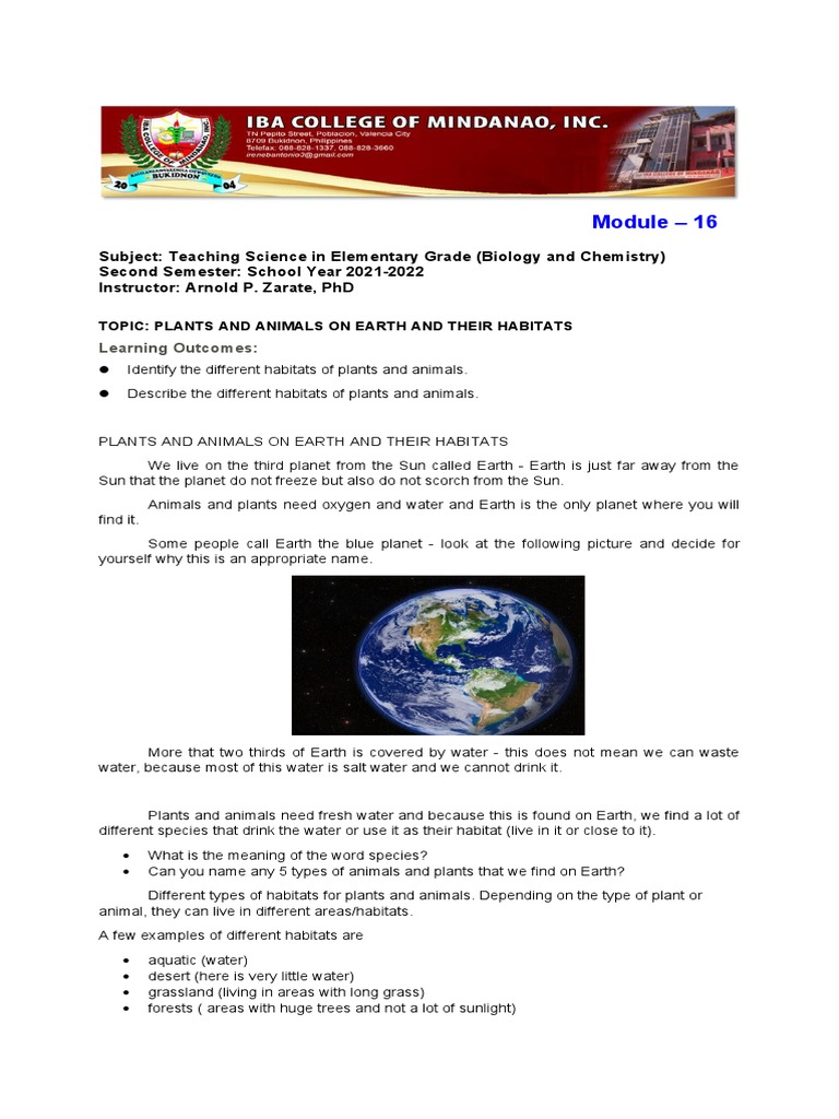 Module 16. Plants and Animals on Earth and Their Habitats (1) | PDF ...
