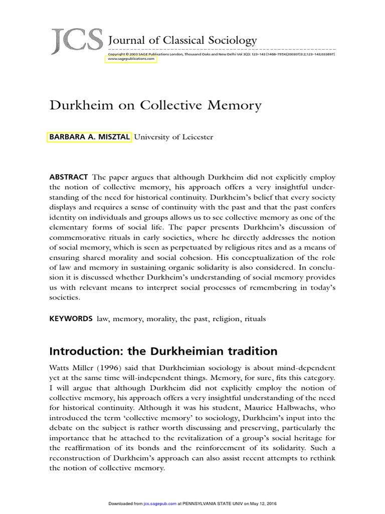 Durkheim On Collective Memory: Journal of Classical Sociology | PDF ...