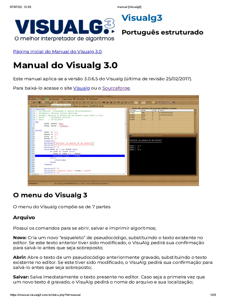 Manual Completo do Visualg 3.0.6.5 | PDF | Algoritmos | Logaritmo