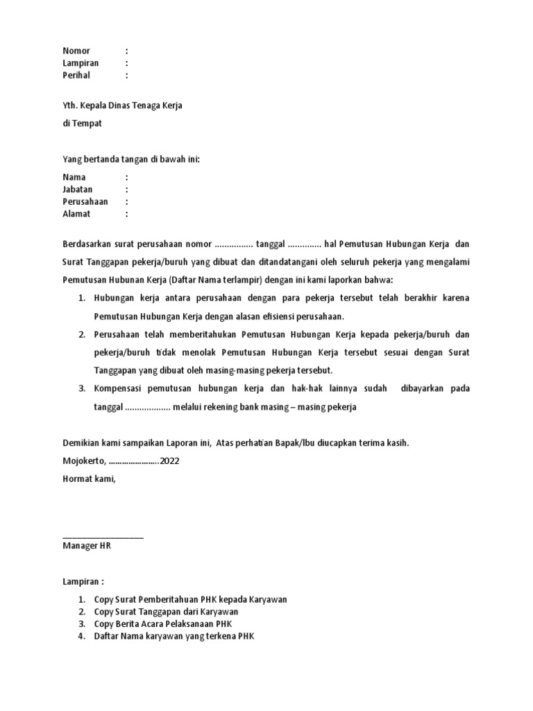 Format Surat Pelaporan PHK Ke Disnaker | PDF