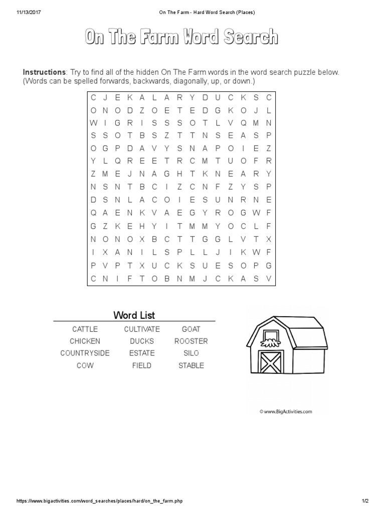 On The Farm - Hard Word Search (Places) | PDF | Word Search | Food Industry