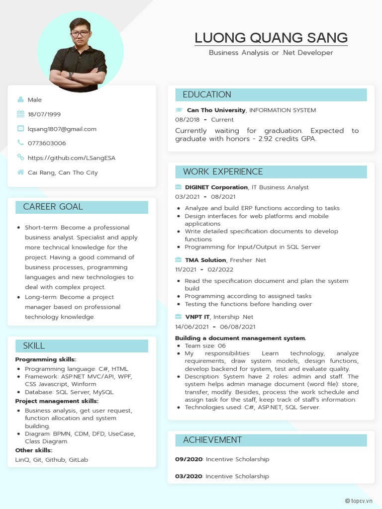 CV BA .Net LuongQuangSang | PDF | Microsoft Sql Server | Computer Programming