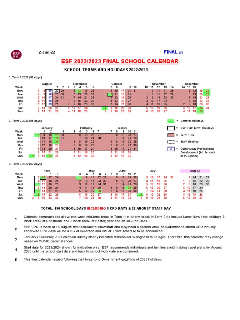ESF Calendar For 2022 2023 FINAL 2 June2022 Updated | PDF | Holidays ...