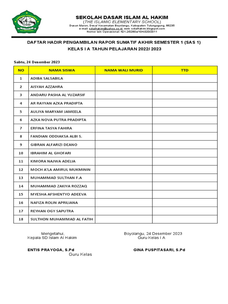 Daftar Hadir Pengambilan Rapor | PDF