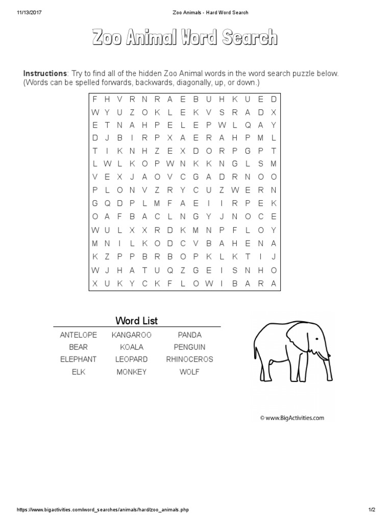 Zoo Animals - Hard Word Search | PDF | Word Search