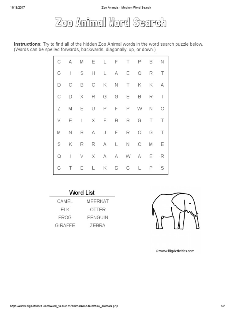 Zoo Animals - Medium Word Search | PDF | Word Search | Linguistics