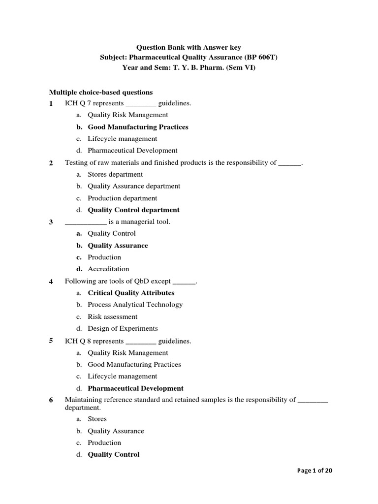 Pharmaceutical Quality Assurance (BP606T) Question Bank | PDF | Quality ...