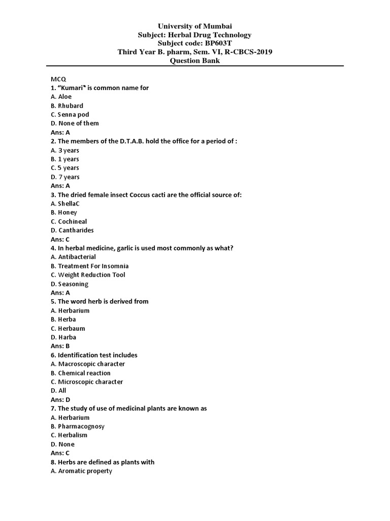 Herbal Drug Technology Question Bank | PDF | Ayurveda | Pesticide