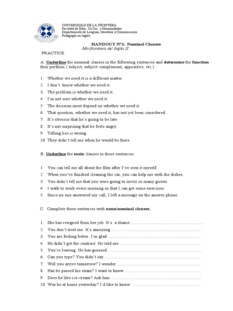 English Nominal Clauses Practice | PDF