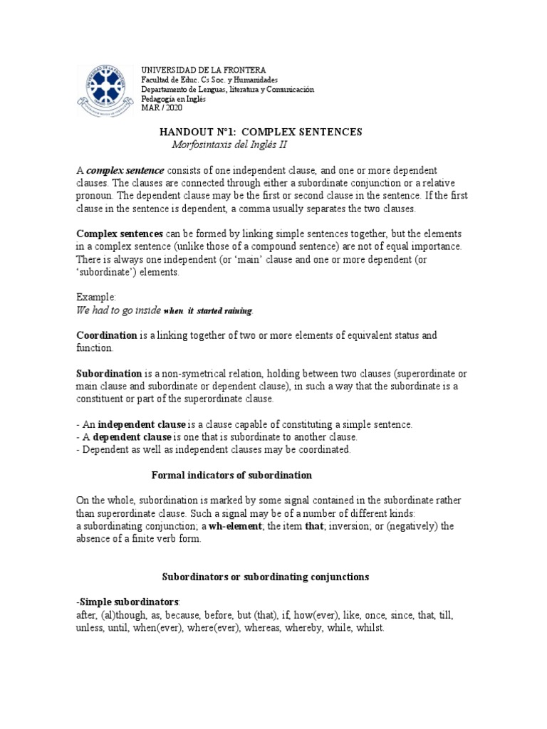 Handout N°1 Subordination - Complex Sentences Morfosintaxis II | PDF ...