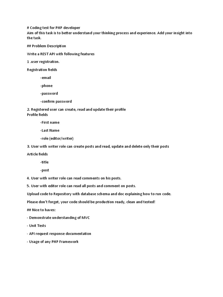 PHP Developer Coding Test Overview | PDF