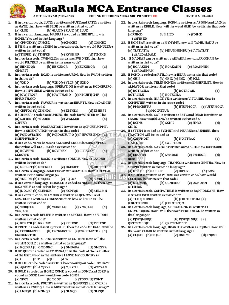 15 RANKERS - BATCH - CODING - DECODING - SPECIAL - SHEET - 01 - Without ... 15 RANKERS - BATCH - CODING - DECODING - SPECIAL - SHEET - 01 - Without ...