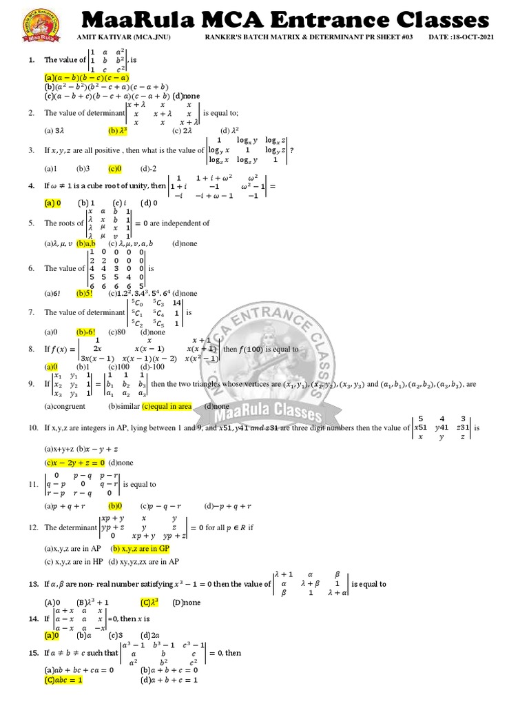 17 RANKERS - BATCH - MATRIX - DETERMINANT - PR - SHEET - 03 - Answerkey ...