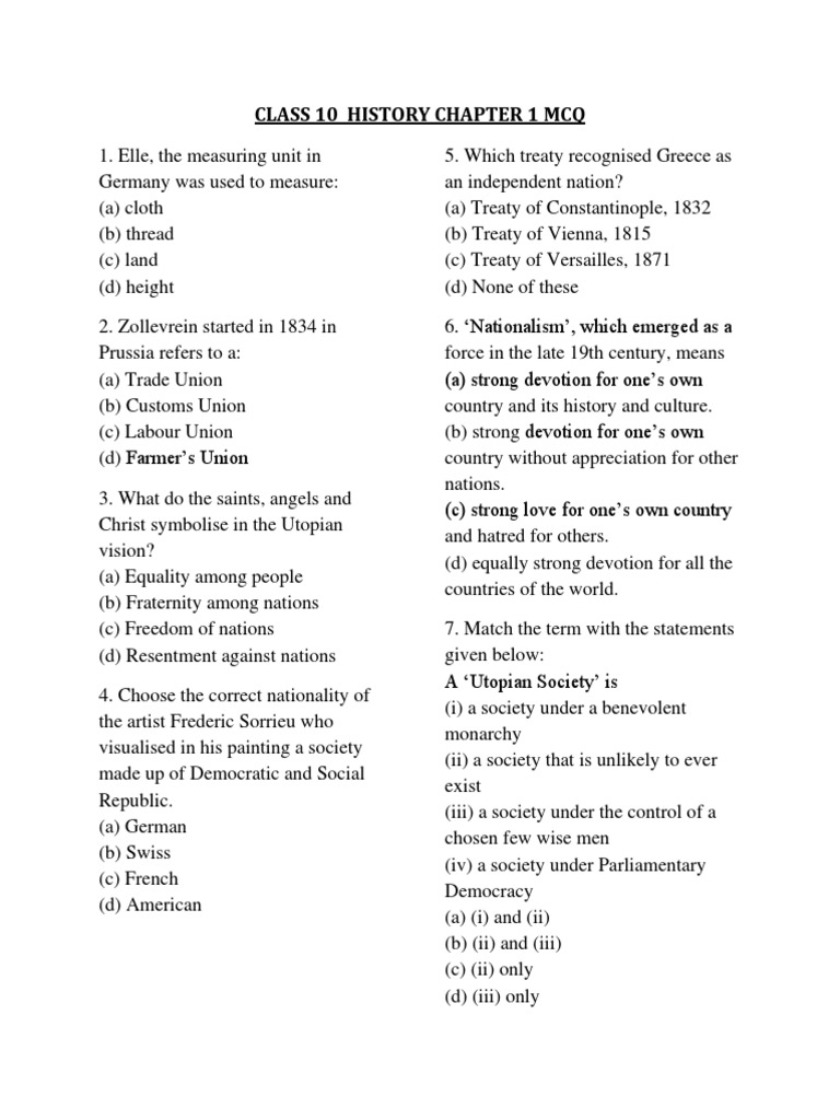 Class 10 History Chapter 1 MCQ | PDF | First French Empire | German Empire