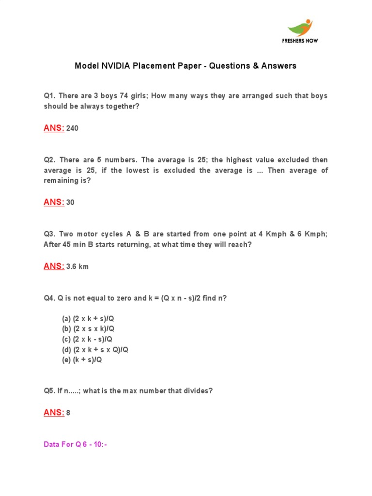 Model NVIDIA Placement Paper Questions Answers | PDF