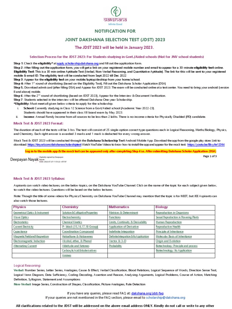 JDST 2023 Notification - 25 July | PDF | Physics | Chemistry