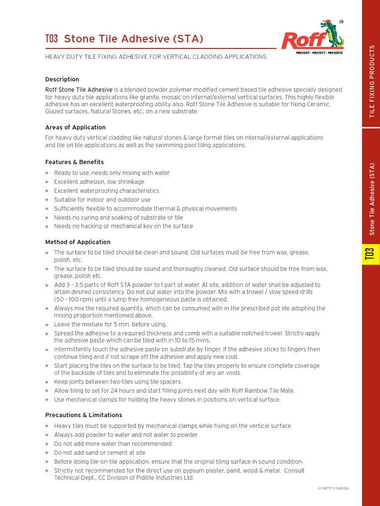 Sta t03 Roff Stone Tile Adhesive 20 KG | PDF | Tile | Adhesive