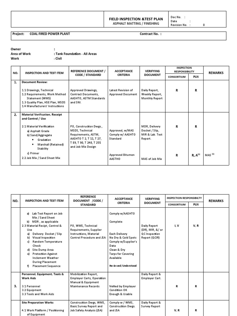 FIELD INSPECTION &TEST PLAN | PDF | Asphalt
