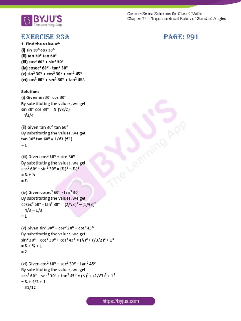 Concise Selina Solutions Class 9 Maths Chapter 23 Trigonometrical ...